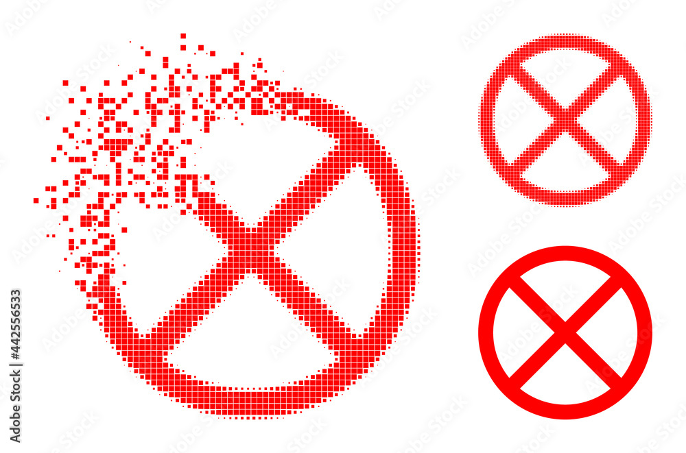 Fragmented pixelated forbidden icon with halftone version. Vector ...
