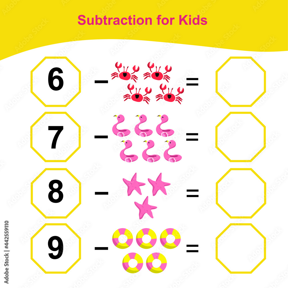 Counting Subtraction Game for Preschool Children. Educational printable ...