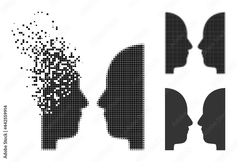 Burst pixelated dual face icon with halftone version. Vector wind ...