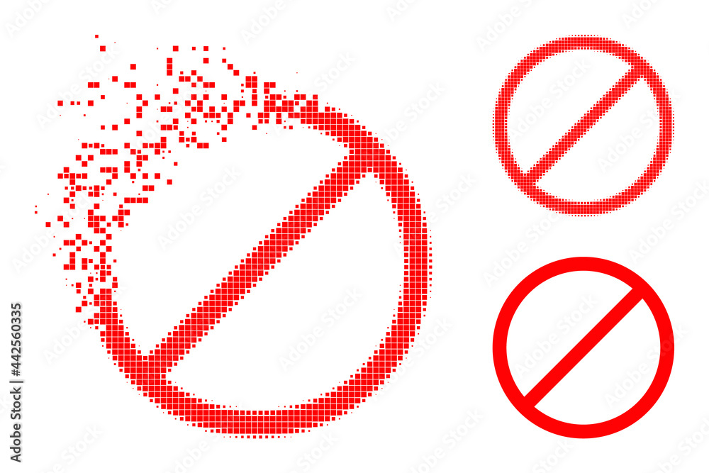 Burst pixelated forbidden pictogram with halftone version. Vector wind ...