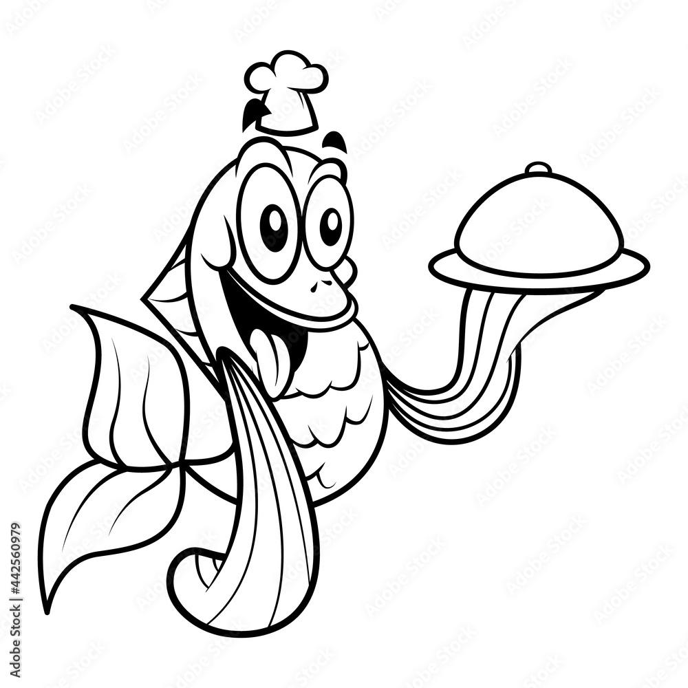 Black and white cartoon illustration of fish wearing chef hat and ...