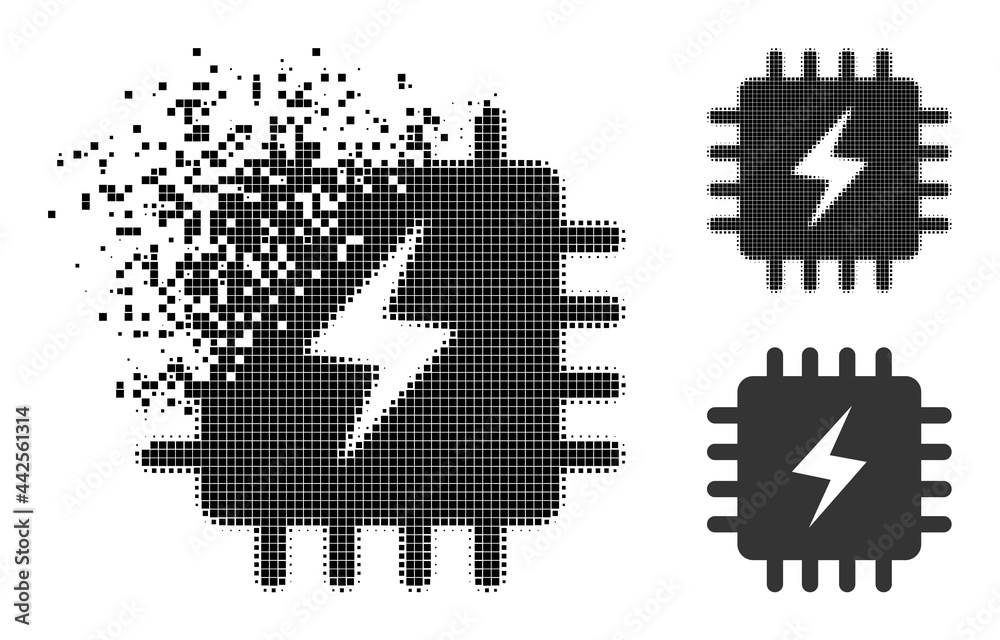 Erosion pixelated power chip icon with halftone version. Vector wind ...