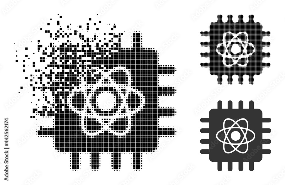 Moving pixelated quantum computing glyph with halftone version. Vector ...
