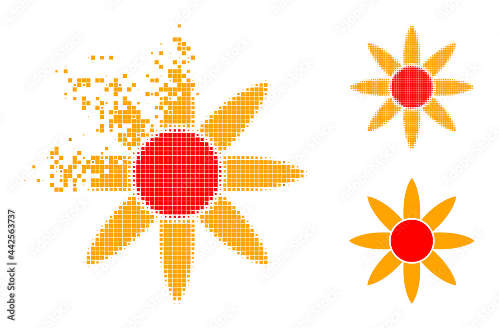 Fragmented pixelated sun shine pictogram with halftone version. Vector ...