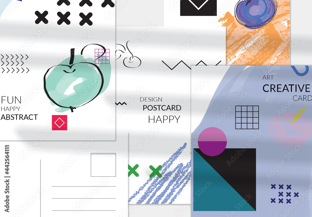 Postcard Layout with Hand Drawn Abstract Floral Doodles and Geometric ...