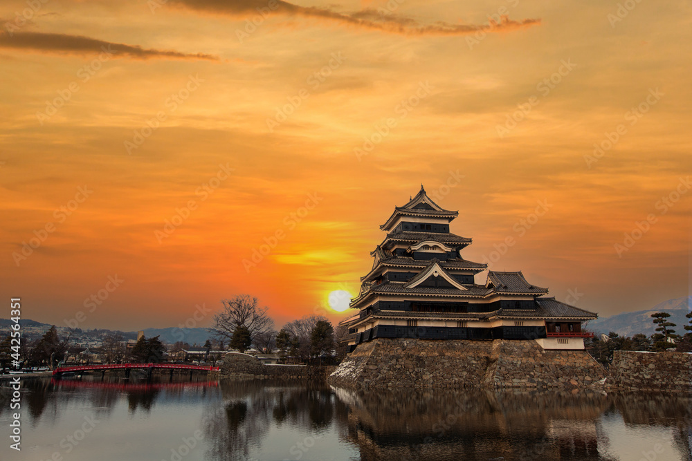 Old castle in japan. Matsumoto castle against sunset sky in Nagono city ...