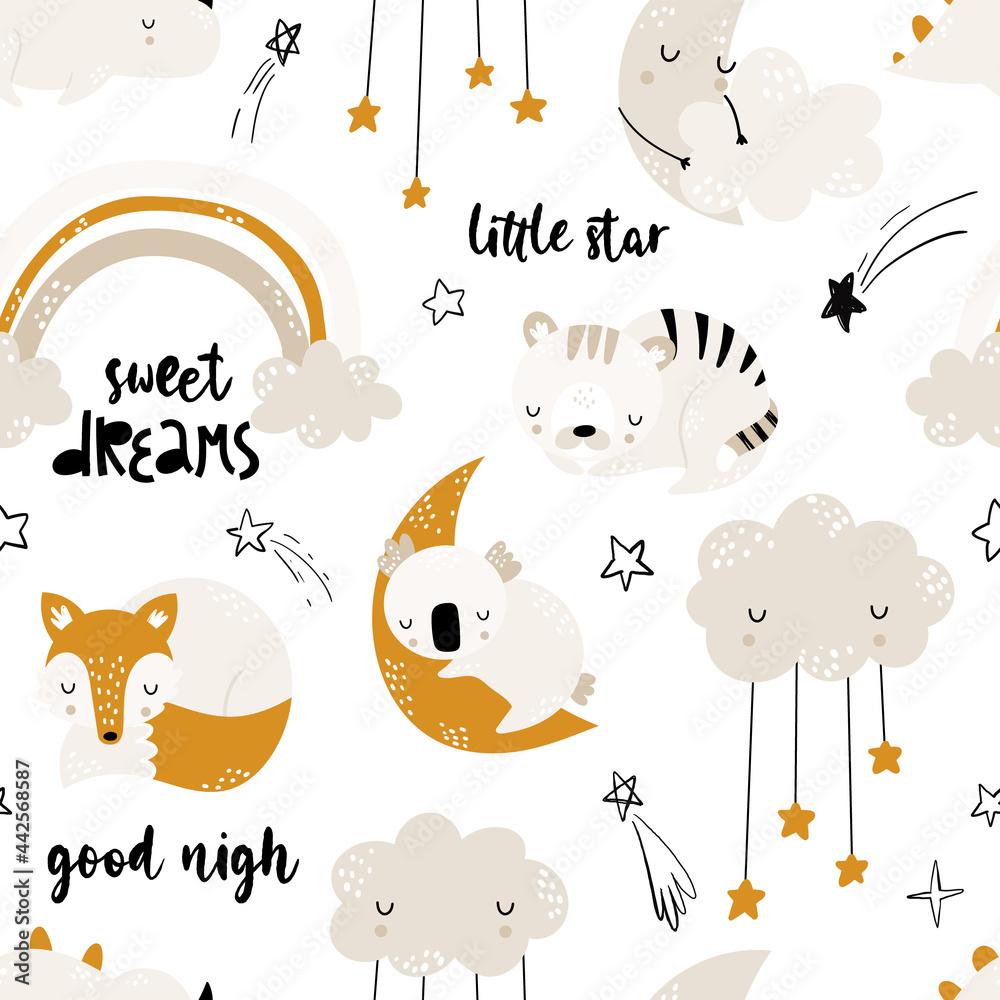 Seamless childrens hand-drawn pattern with cute sleeping animals ...
