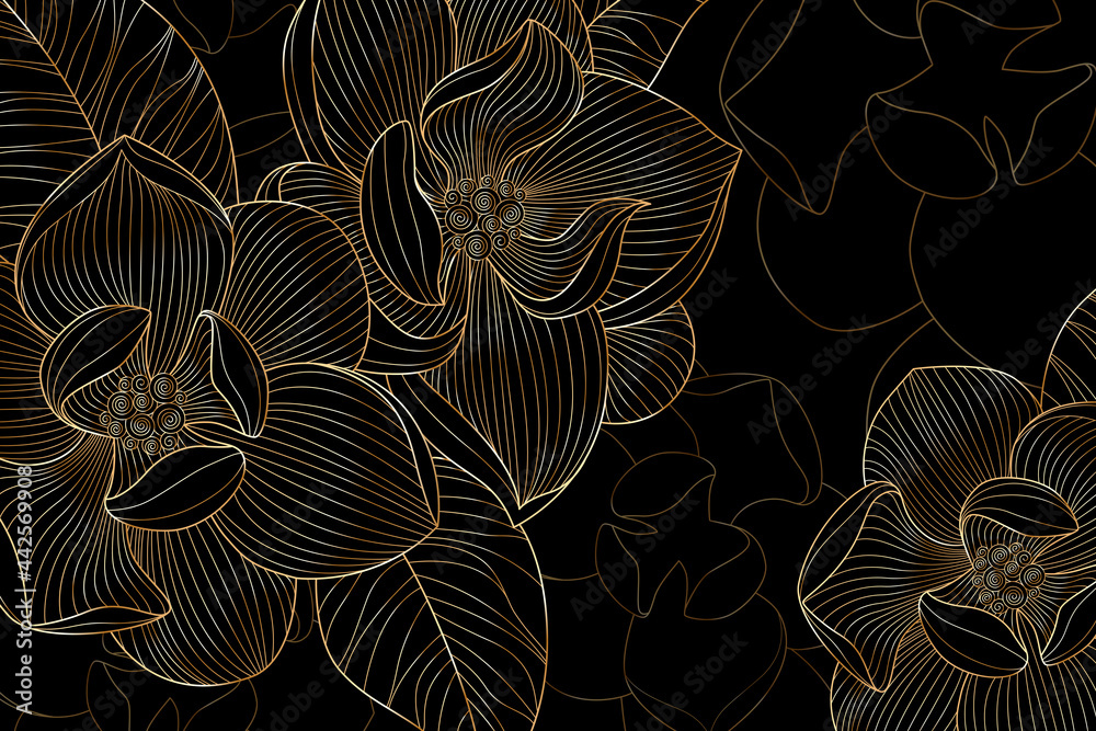 Gold magnolia flower line art, luxury wallpaper and invitation card ...