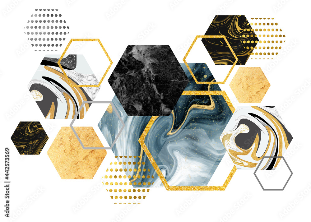 3d rendering hexagon design . modern mural digital art . golden frames ...