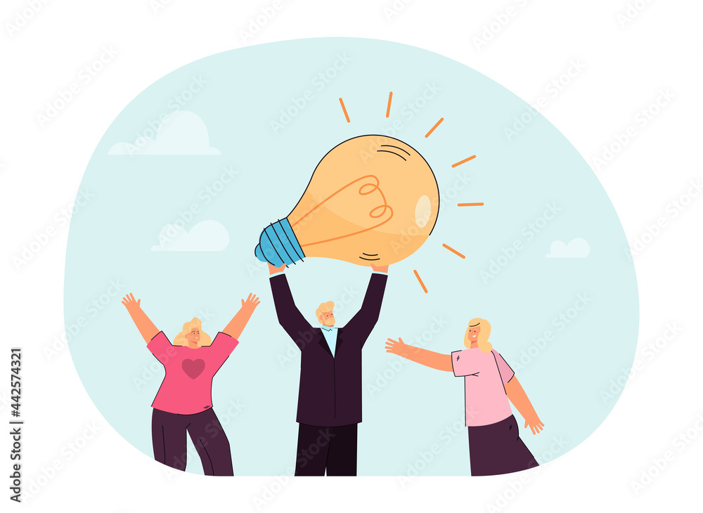 Leader holding light bulb over his head flat vector illustration ...