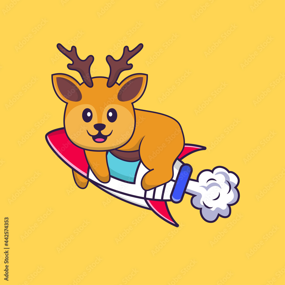 Cute deer flying on rocket. Animal cartoon concept isolated. Can used ...