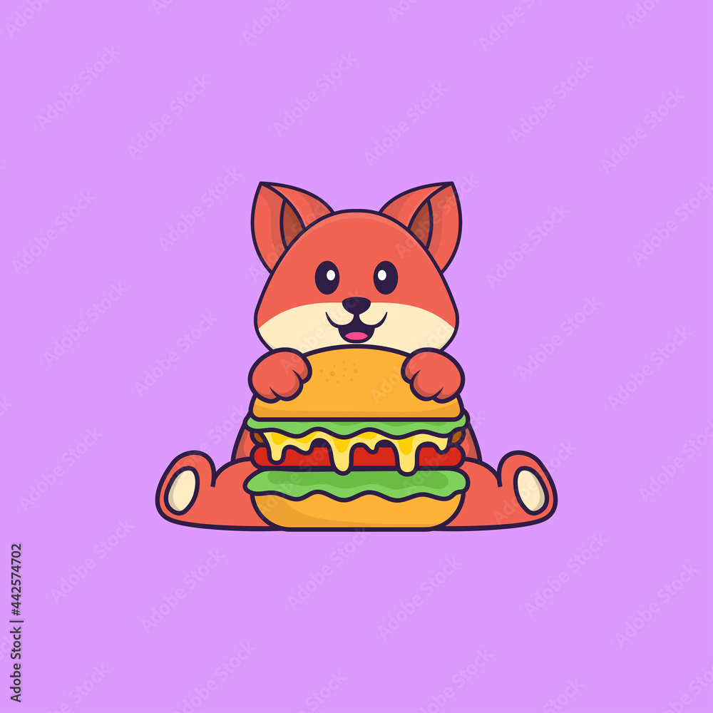 Cute fox eating burger. Animal cartoon concept isolated. Can used for t ...