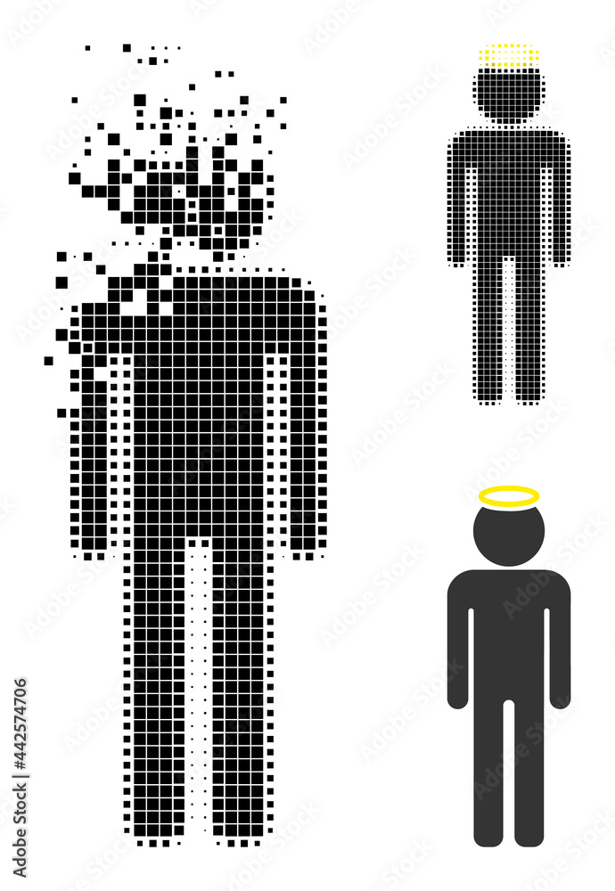 Dispersed dot holy man figure icon with halftone version. Vector ...