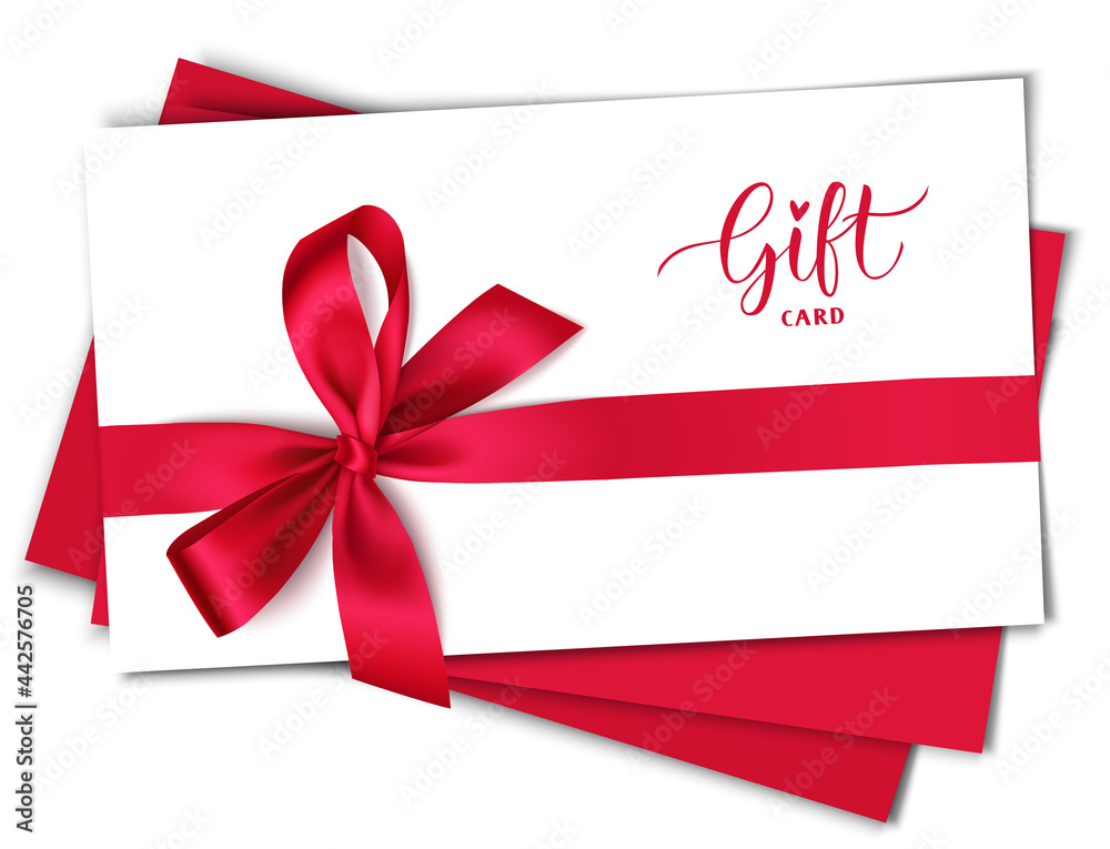 Decorative white gift card design template with red bow and ribbon ...