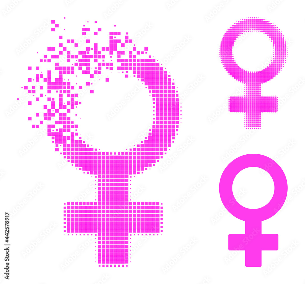 Destructed pixelated female symbol glyph with halftone version. Vector ...