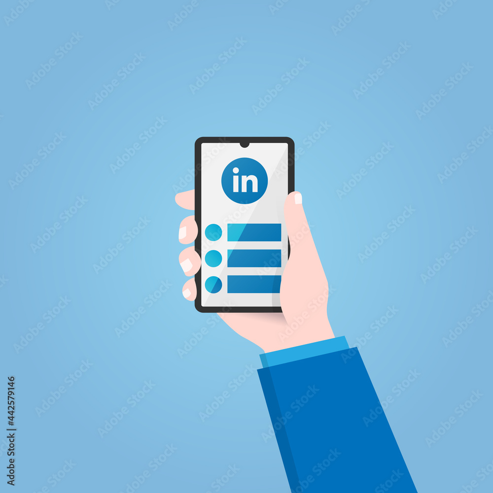 Hand holding smartphone with LinkedIn logo, phone mockup, vector ...