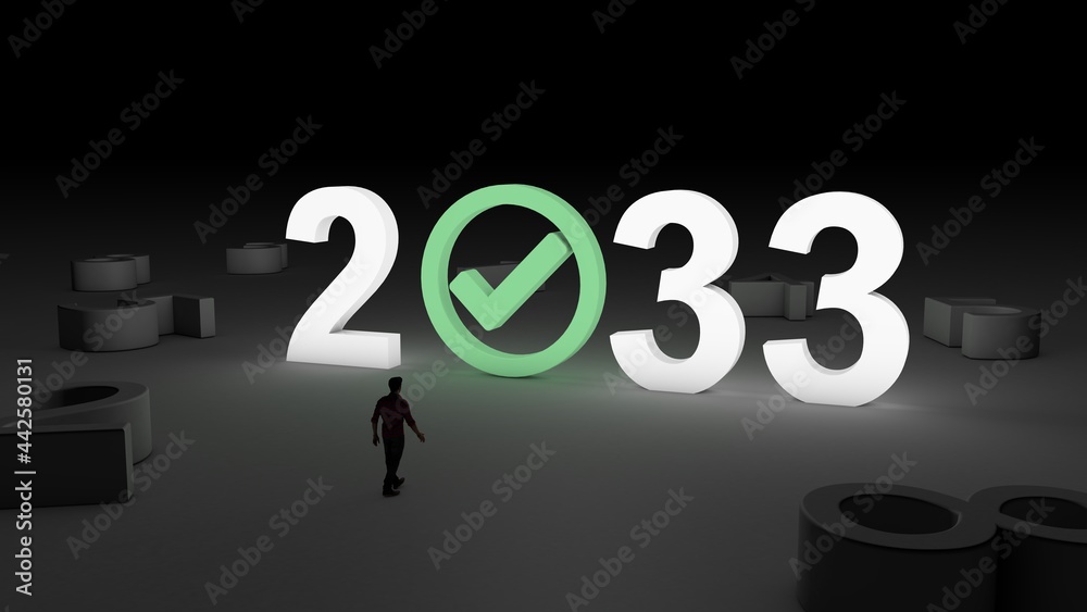 3D illustration of the number 2033 with Check mark icon with and man ...