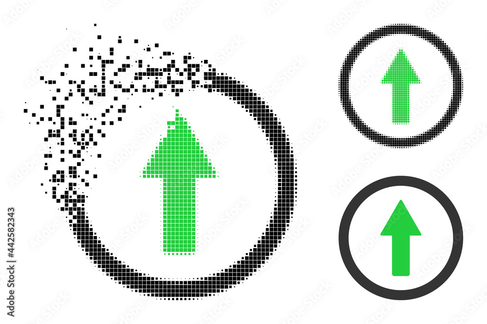 Broken pixelated rounded up arrow pictogram with halftone version ...