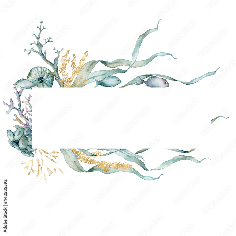 Watercolor underwater frame of fishes, shells, linear laminaria and ...