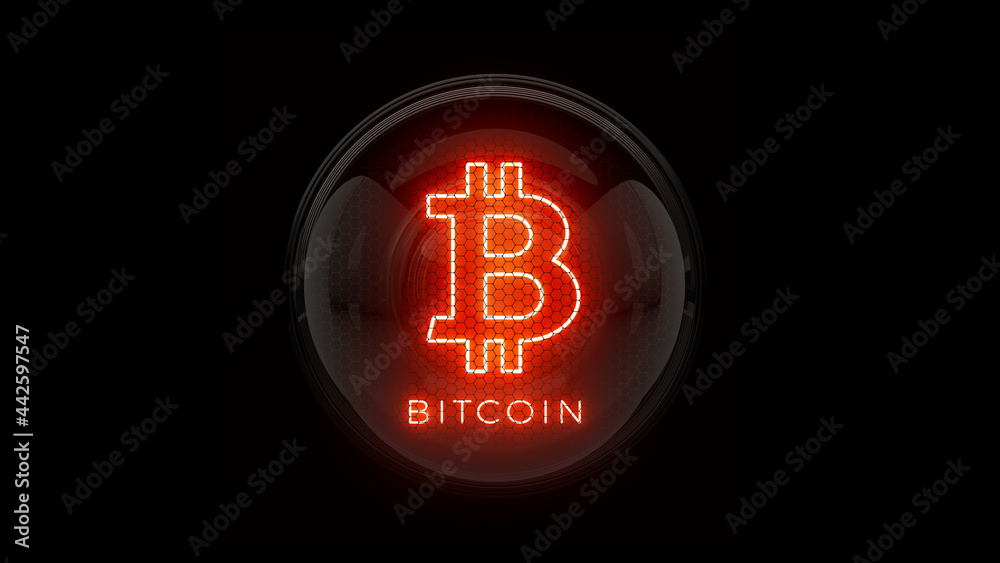 Bitcoin. Red bitcoin logo. Nixie tube indicator. Gas discharge ...