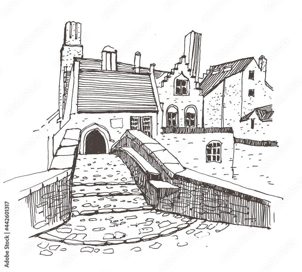 Travel sketch of Bruges, Belgium. Historical building line art ...