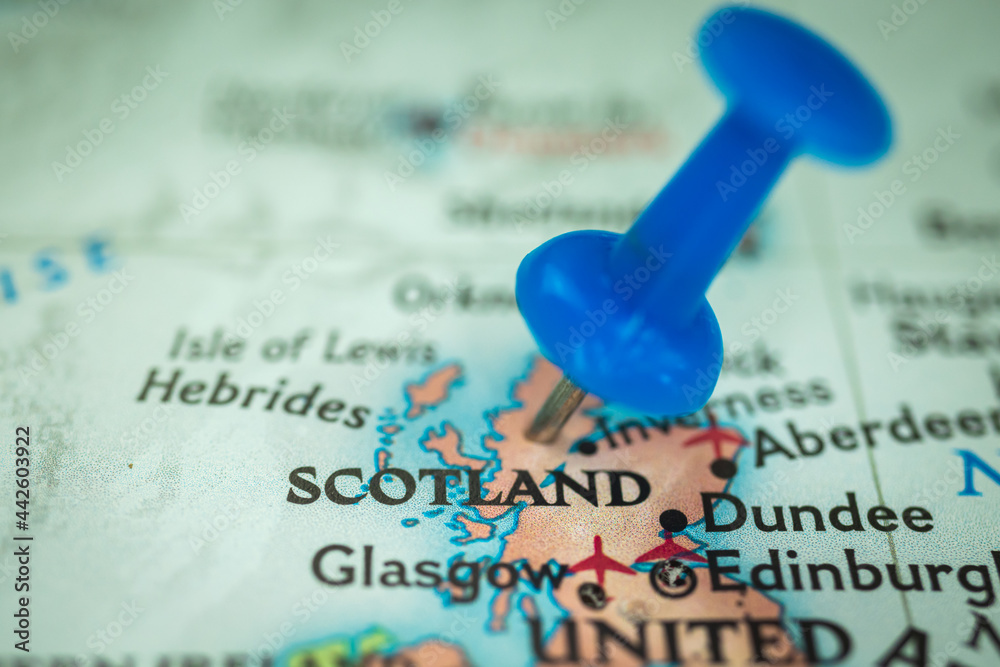 Location Scotland, push pin on map close-up, marker of destination for ...
