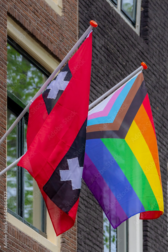 Progress new design of rainbow flag and official Amsterdam flag hanging ...