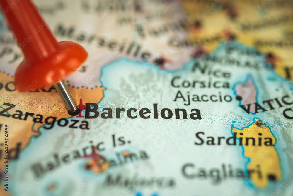 Location Barselona in Spain, push pin on map close-up, marker of ...