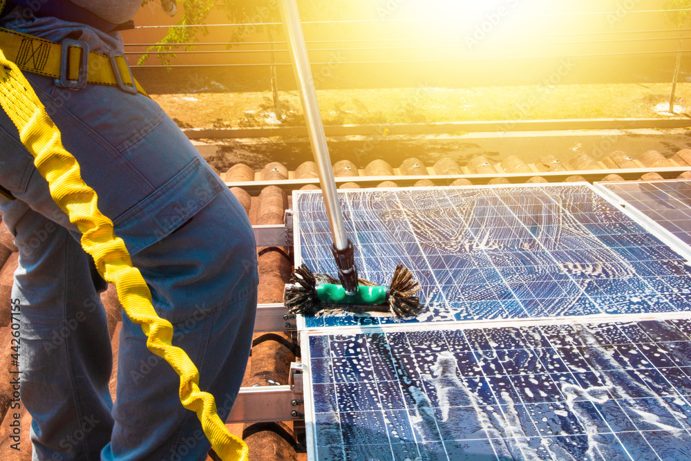 Solar worker cleaning photovoltaic panels with brush and water ...