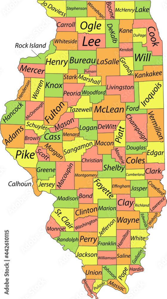 Pastel vector map of the Federal State of Illinois, USA with black ...