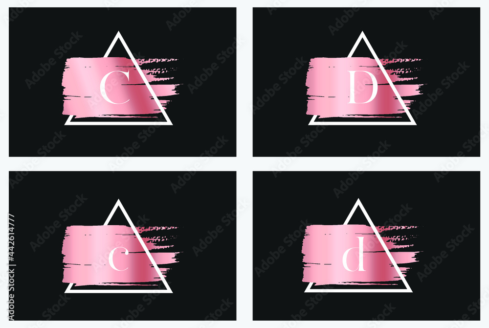 Initial Letter C and D Logo in a triangle and rose gold watercolor ...