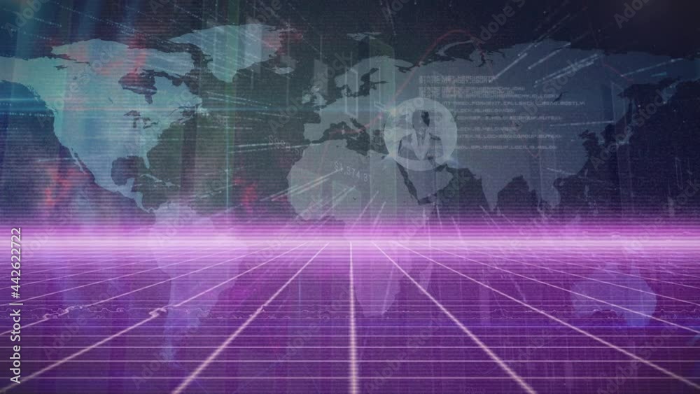 Animation of networks of connections and data processing over world map ...