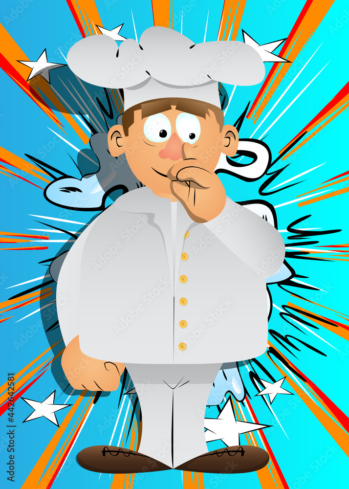 Fat male cartoon chef in uniform with sympathy. Vector illustration ...