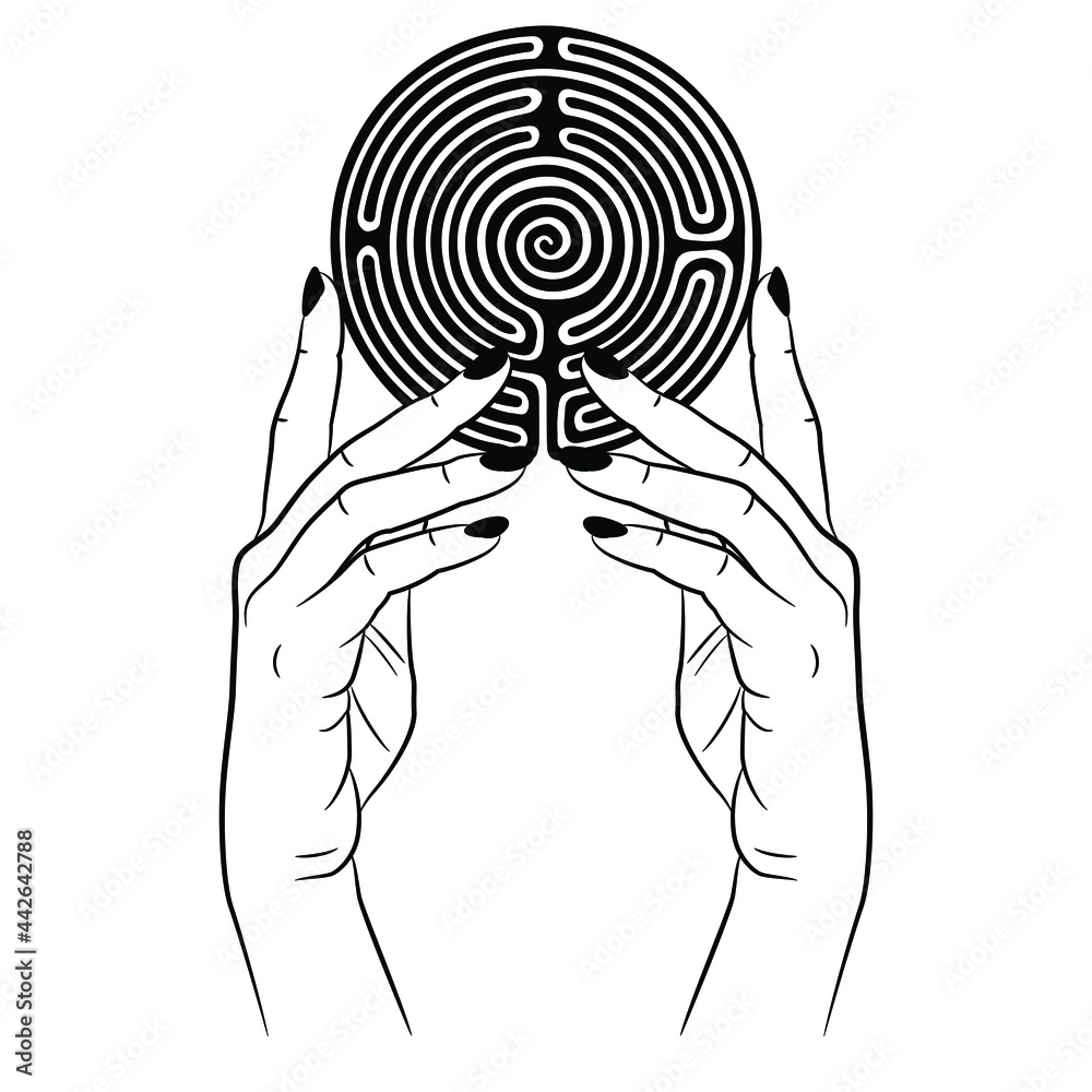 Two beautiful female hands holding round spiral maze or labyrinth ...
