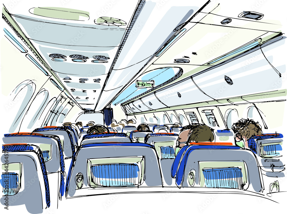 Aircraft cabin interior - hand drawing sketch Stock Vector | Adobe Stock
