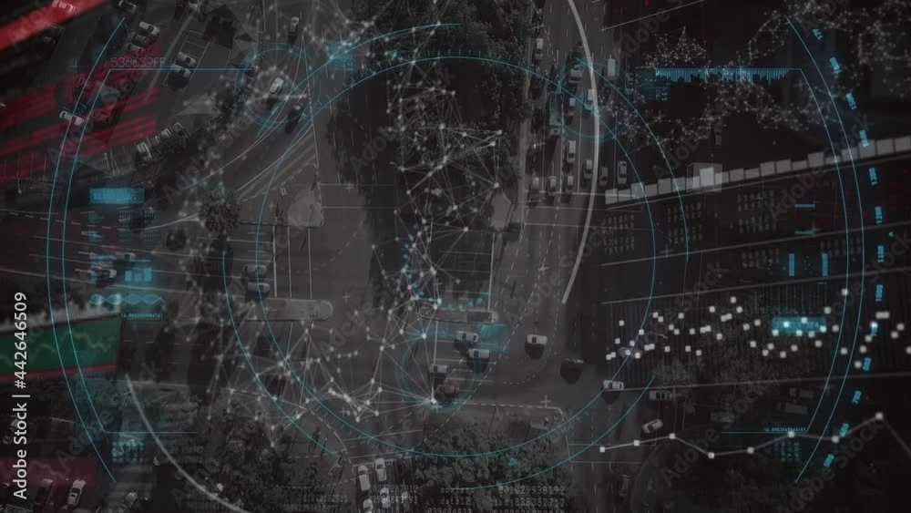 Animation of scope scanning and data processing over cityscape Stock ...