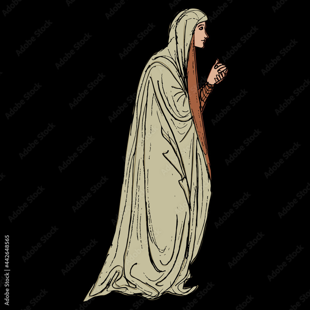 Standing praying medieval woman in profile in long mantle. Saint lady ...