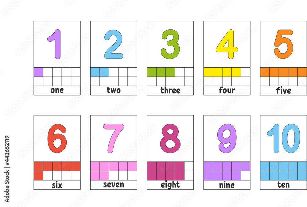Set flash cards for kids. Learning numbers 1-10. Education developing ...