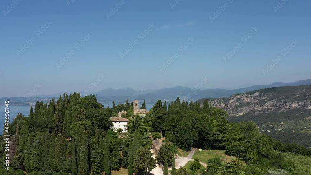 Home of Italian monks, lake garda. Aerial panorama Monastery on the ...
