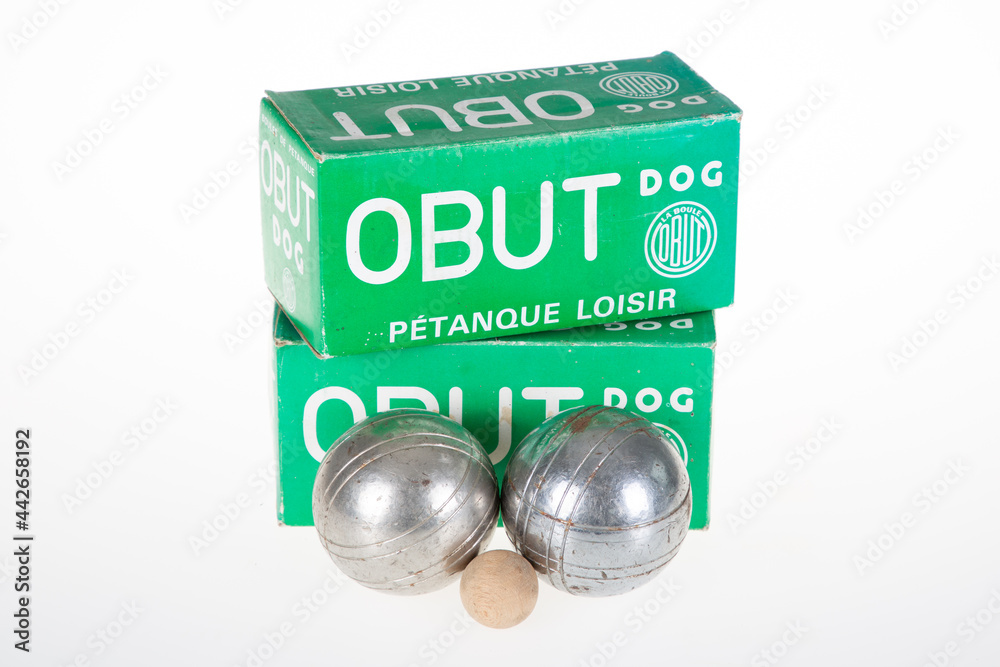 obut logo sign and text brand petanque balls with a wooden jack ...
