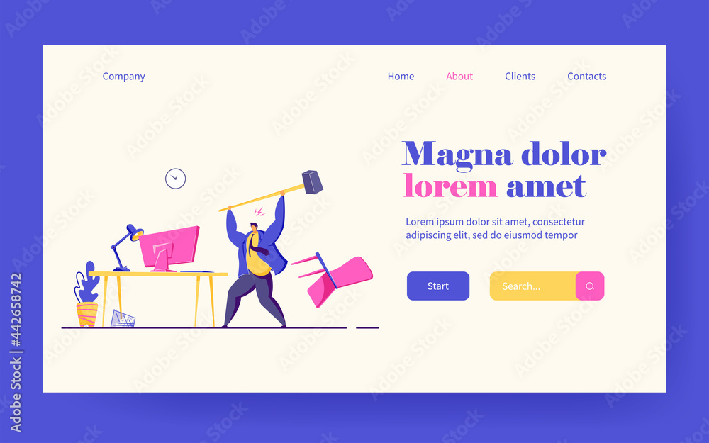 Angry office worker breaking computer with hammer. Tired adult man ...