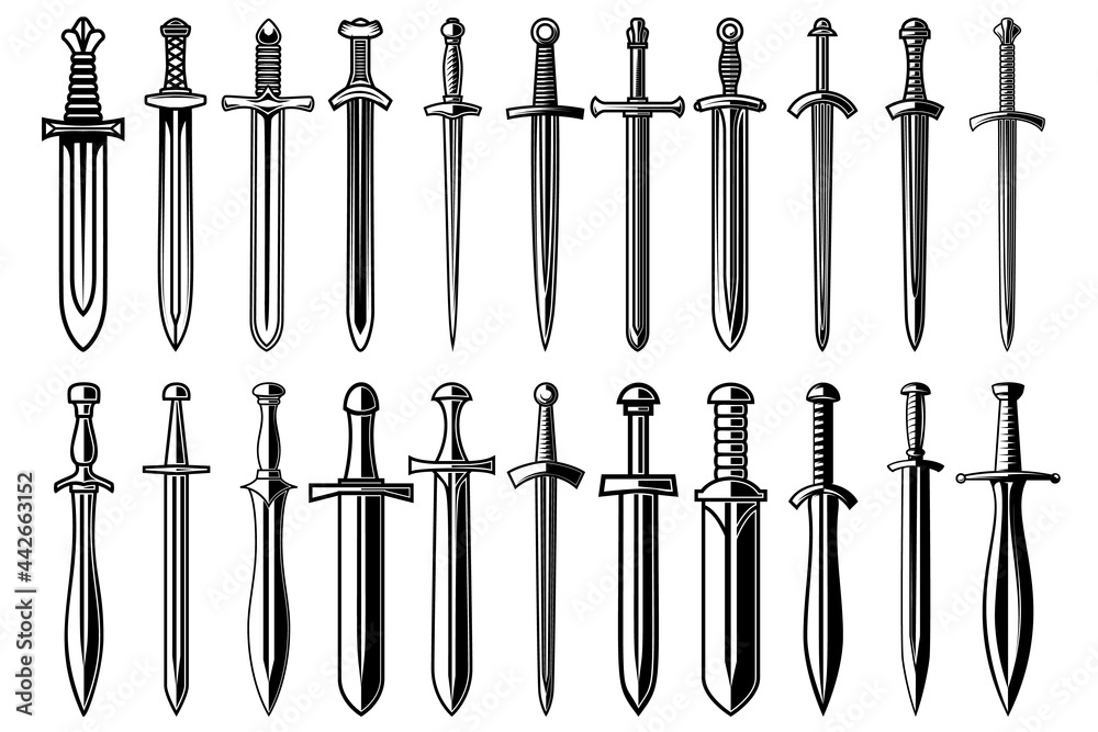 Set of illustrations of medieval swords. Design element for poster ...