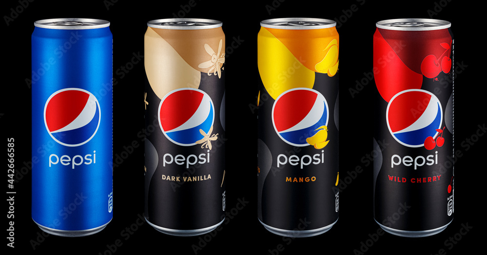 Moscow, Russia - April 15, 2021: Four Pepsi colored aluminum cans with ...
