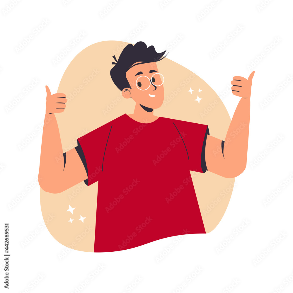 Winner, cheerful mood and thumbs up concept. Young smiling man cartoon ...