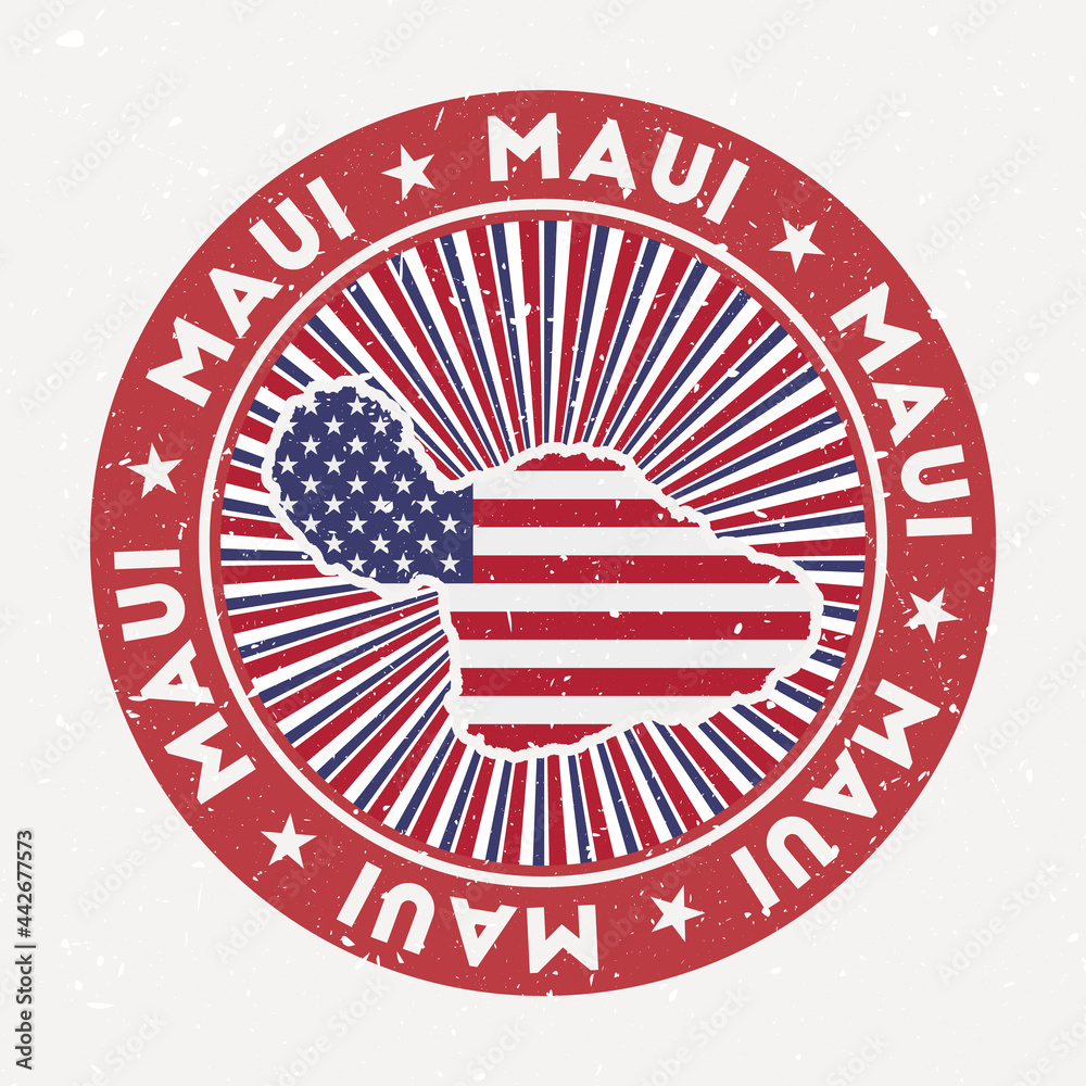 Maui round stamp. Logo of island with flag. Vintage badge with circular ...