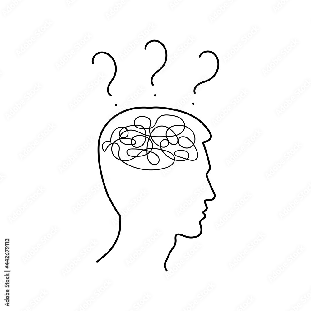 Man's head with confused thoughts in his brain. Thinking person with ...