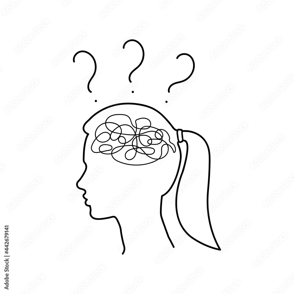 Woman's head with confused thoughts in her brain. Thinking person with ...