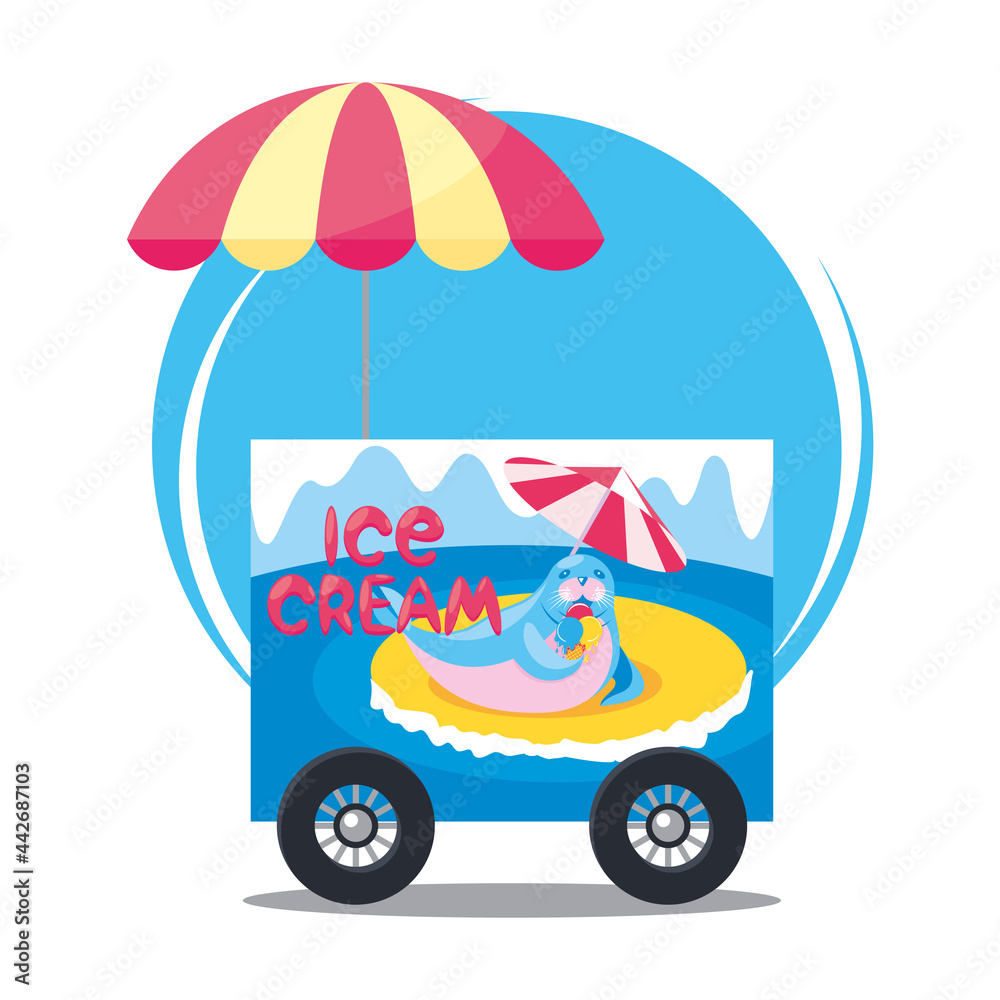 Vetor de Mobil ice cream cart under umbrella with cute seal character ...