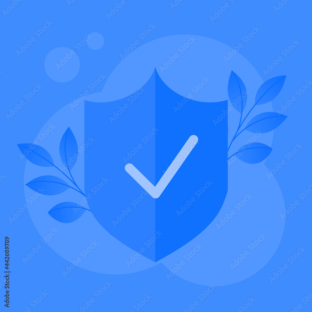 Data protection with a checkmark on the blue shield. Cybersecurity ...