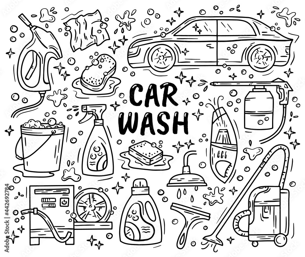 Car wash and detaling set of icons in the Doodle style, hand drawing ...